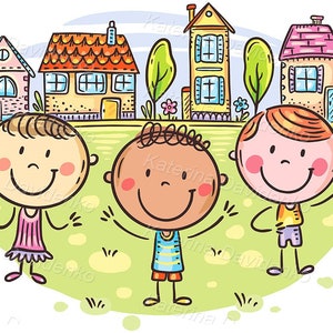Happy Kids Standing on a Background of the Cityscape. Cartoon Doodle ...