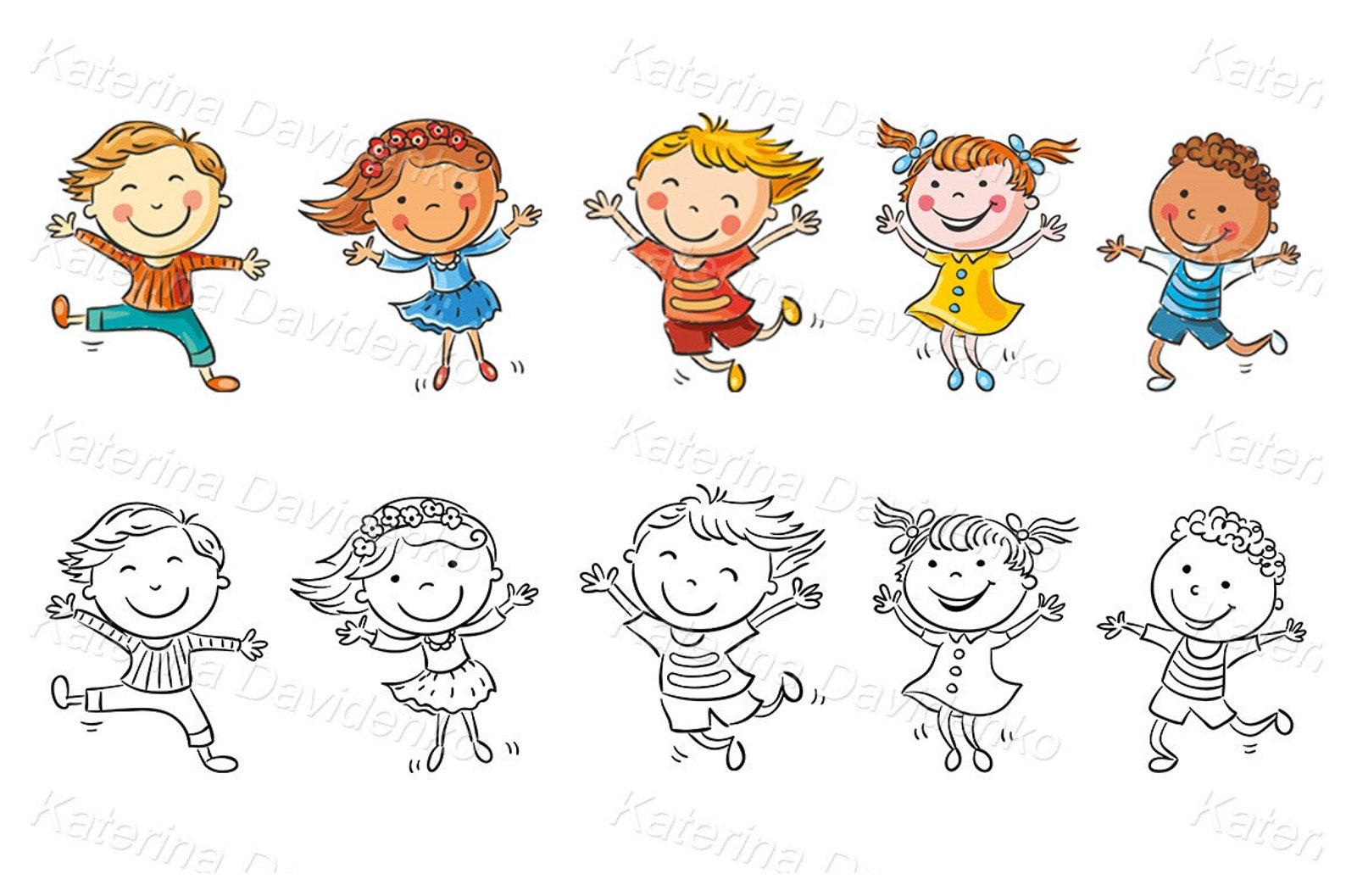 Happy Children Jumping With Joy Cartoon Kids With Rainbow Clipart ...