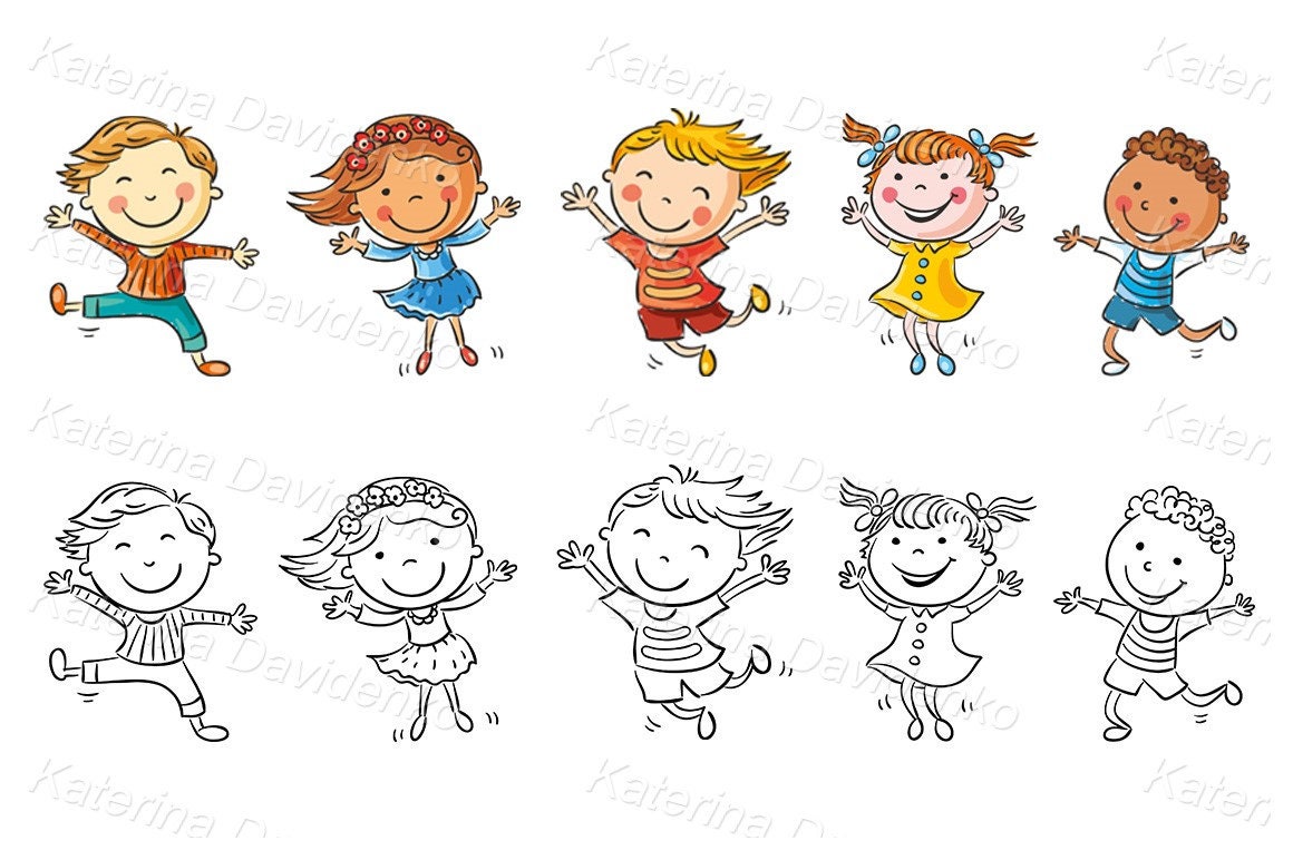 Happy Children Jumping With Joy. Cartoon Kids With Rainbow Clipart ...
