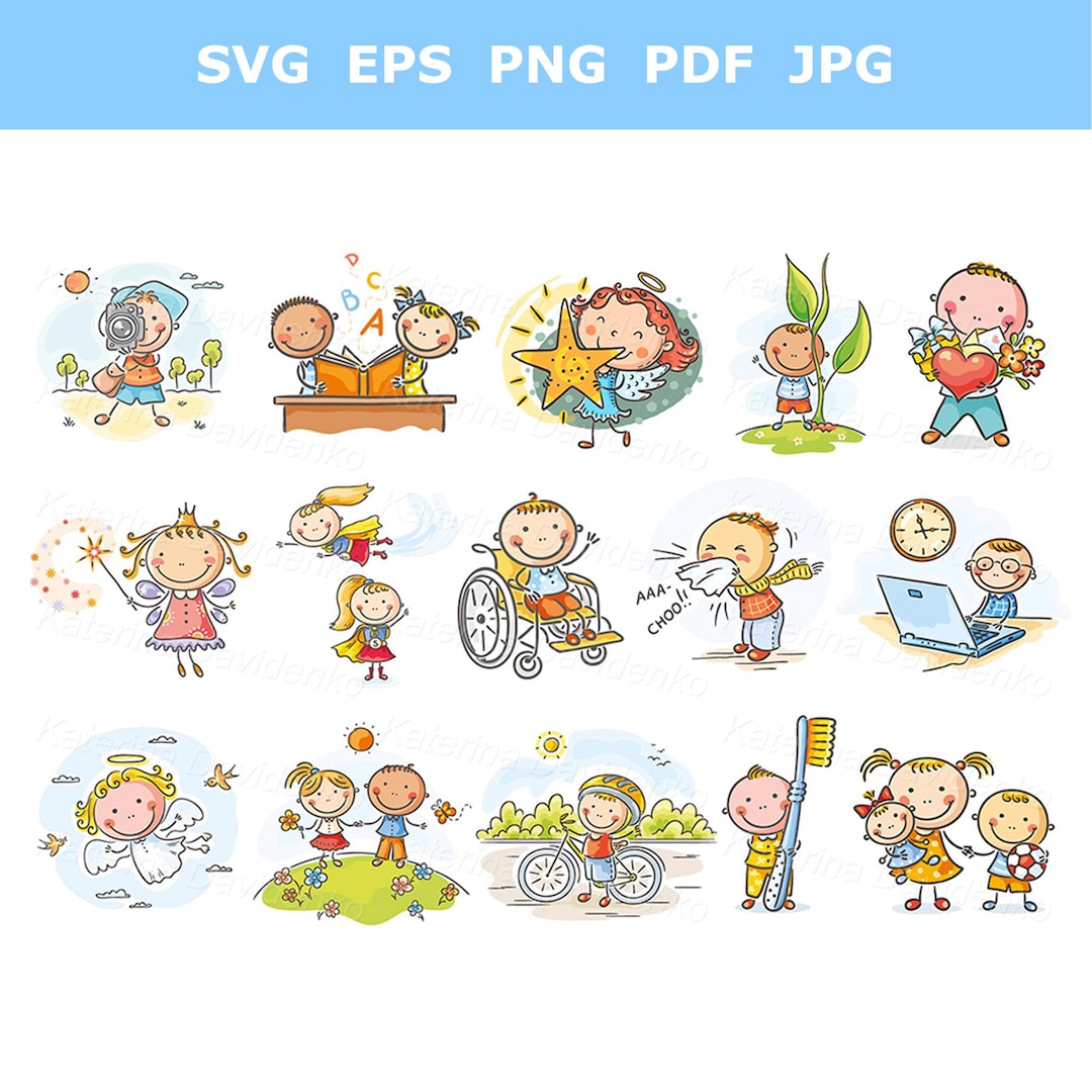 Doodle Cartoon Kids Clipart Set. Hand Drawn Children Clip Art, Cute ...