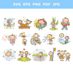 Doodle Cartoon Kids Clipart Set. Hand Drawn Children Clip Art, Cute ...