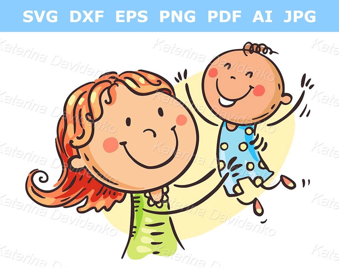 Happy Doodle Family Clipart. Cartoon Mother Playing With Baby. Hand ...