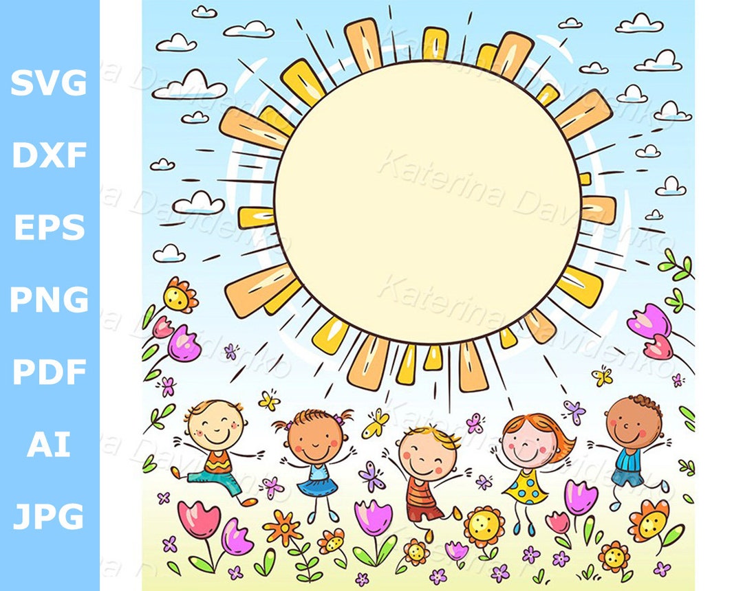 Happy Cartoon Kids Clipart. Sun Frame With Doodle Kids. Summer Season ...