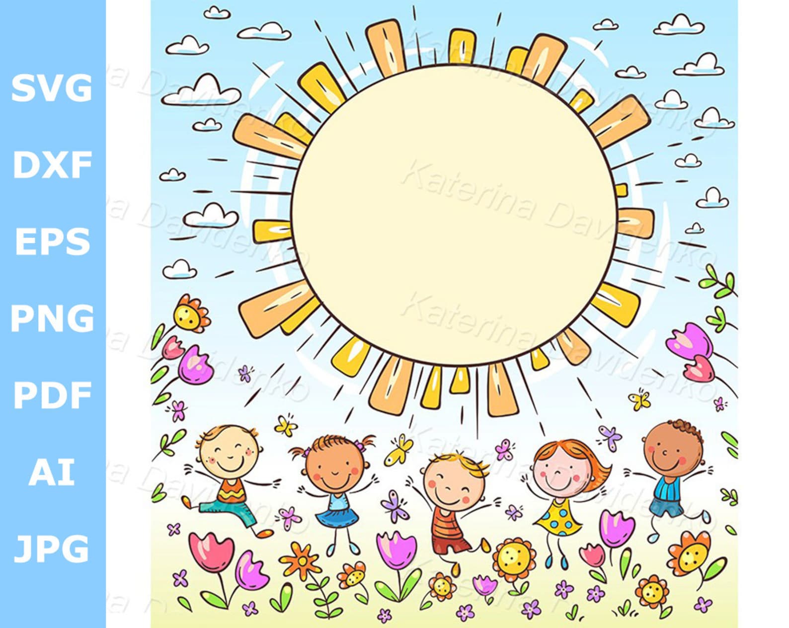Happy Cartoon Kids Clipart. Sun Frame With Doodle Kids. Summer Season ...