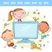 Happy Cartoon Kids and Computer, Technology Clipart, Children Using ...