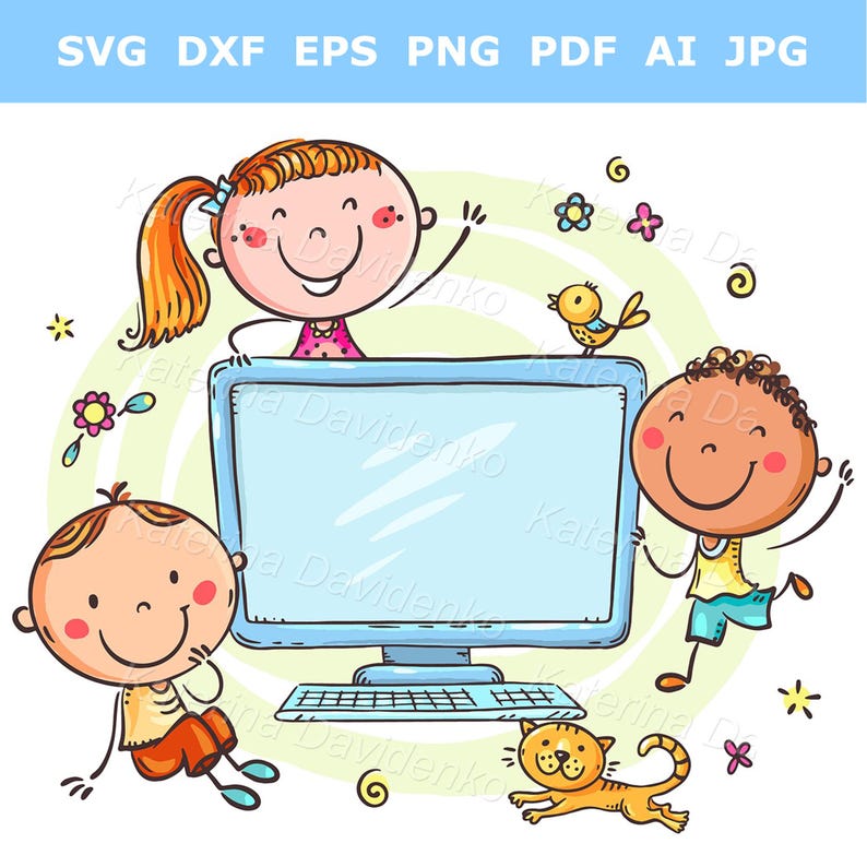 Happy Cartoon Kids and Computer, Technology Clipart, Children Using ...