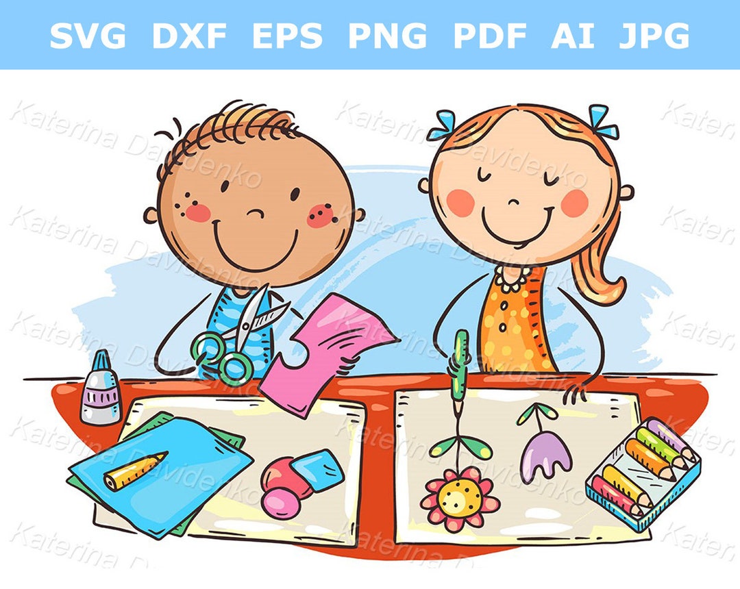 Cartoon Doodle School Kids Enjoy Crafting Together - Children Creative ...