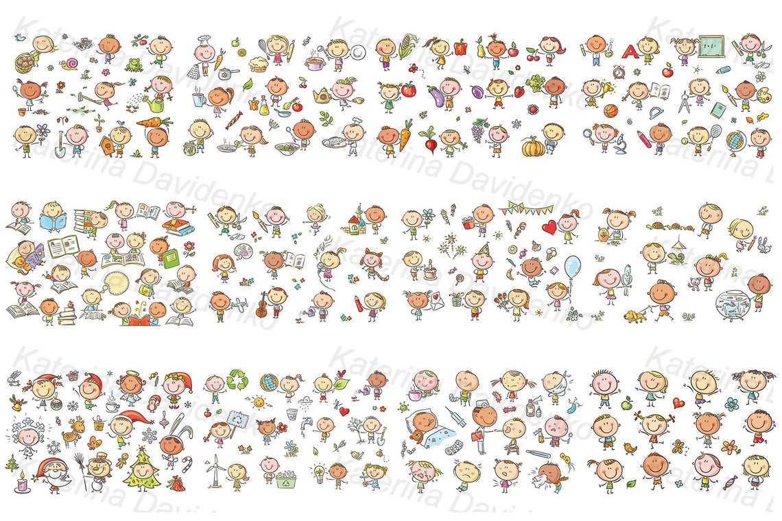 Kids Bundle Clipart. Doodle Cartoon Kids Clip Art Set. Children Vector ...