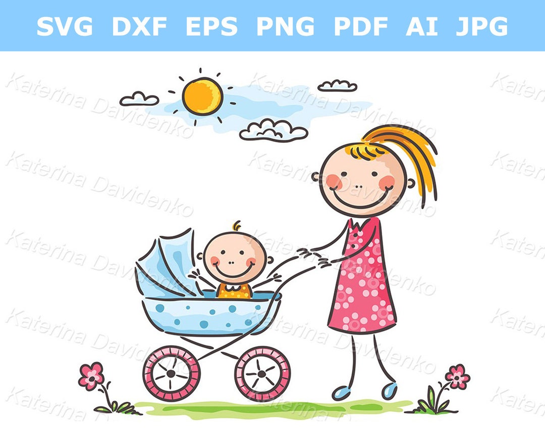 Happy Doodle Cartoon Family Clipart. Mother and Baby on a Walk. Mom ...