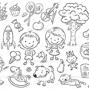 Cartoon Kids Clipart Set. Doodle Children and Ship, Rocket, Pet, Tree ...