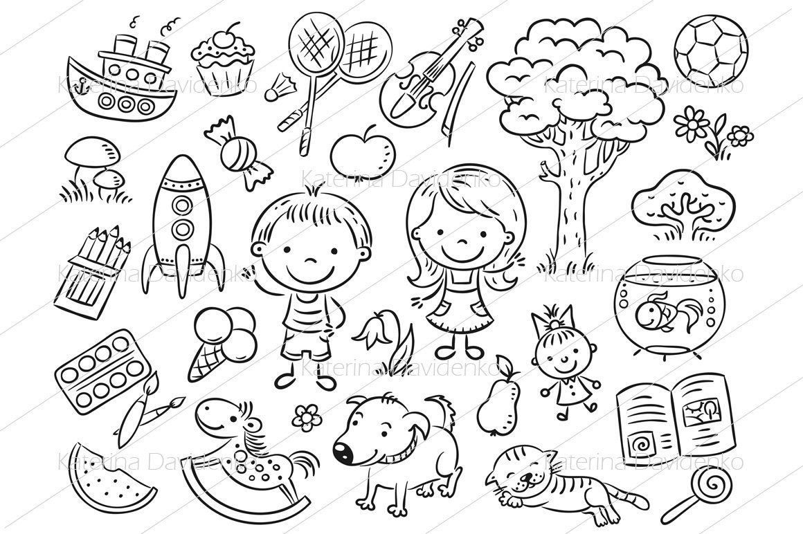 Cartoon Kids Clipart Set. Children and Different Objects Clipart ...