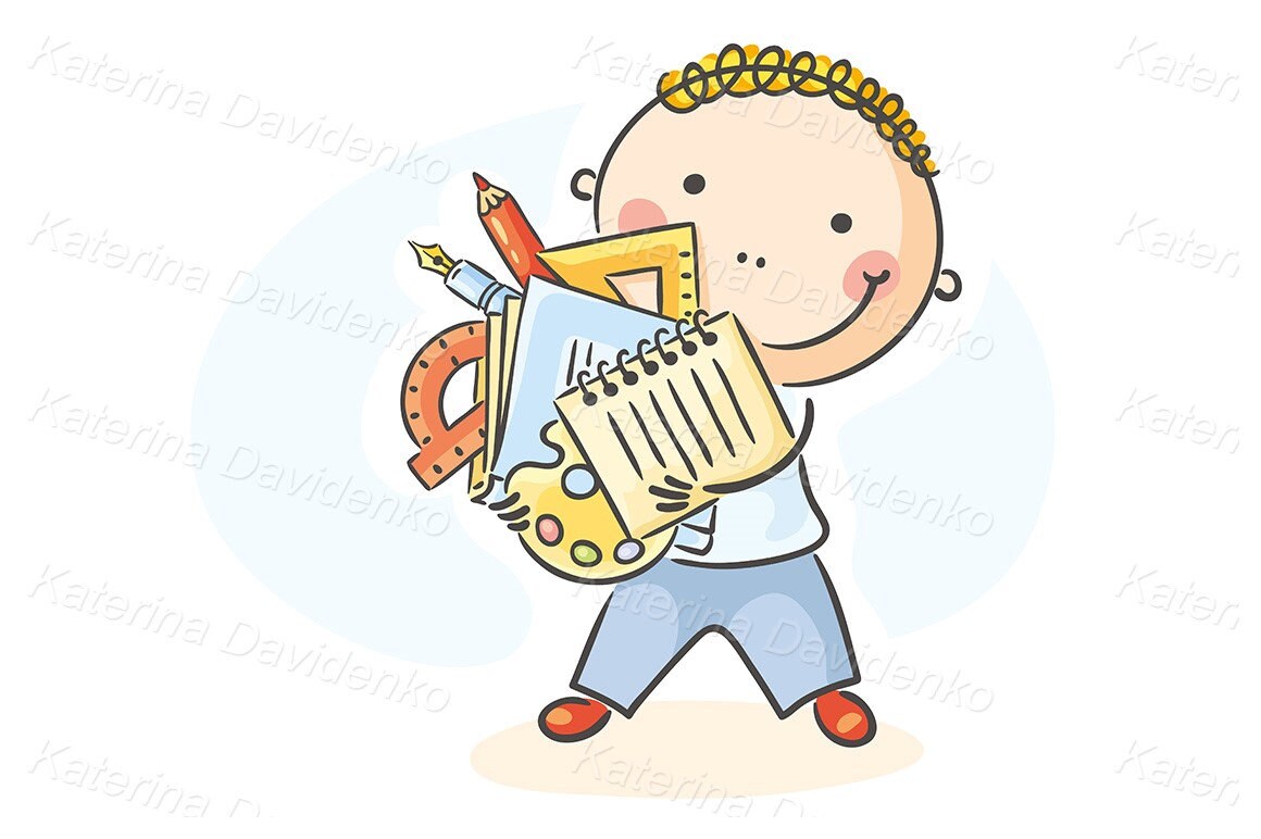 School Clipart. Cartoon Doodle Schoolboy With Lots of School Things ...