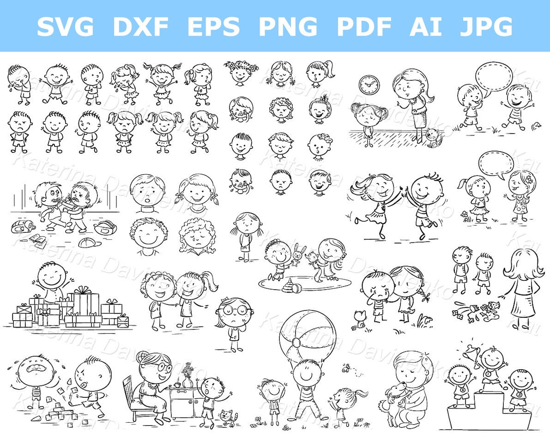 Children Emotion Clipart. Outline Illustration of Kids With Various ...