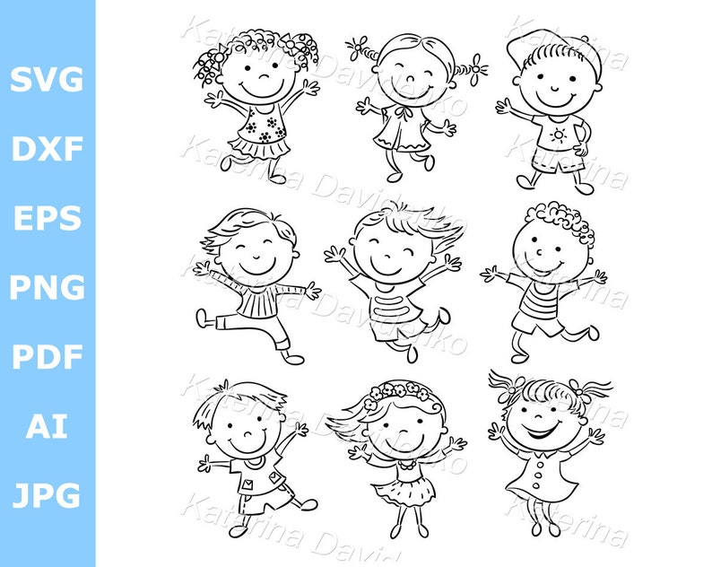 Cartoon Kids Clipart, SVG PNG PDF, Children Clipart - Nine Happy Kids ...