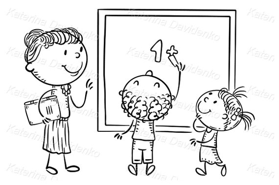 Children Studying Math Clipart Bw