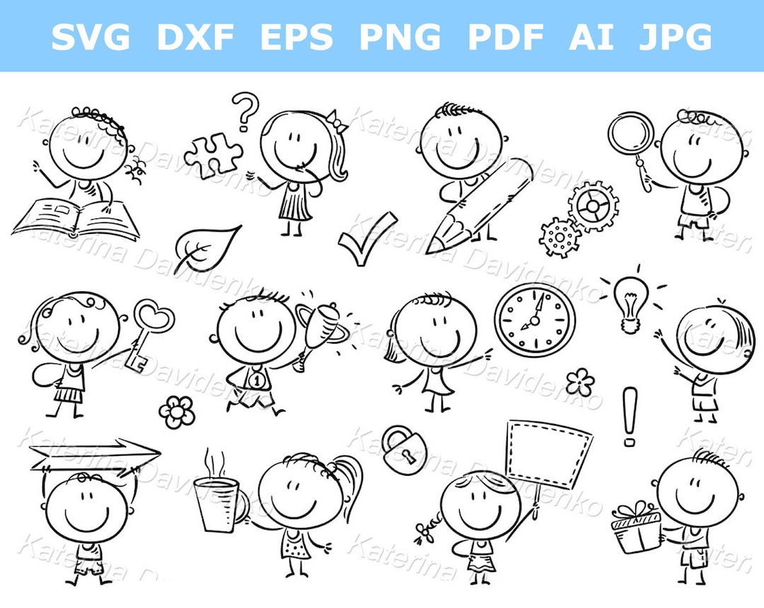 Stick Figures. Doodle Kids With Symbols Clipart Set. Black and White ...