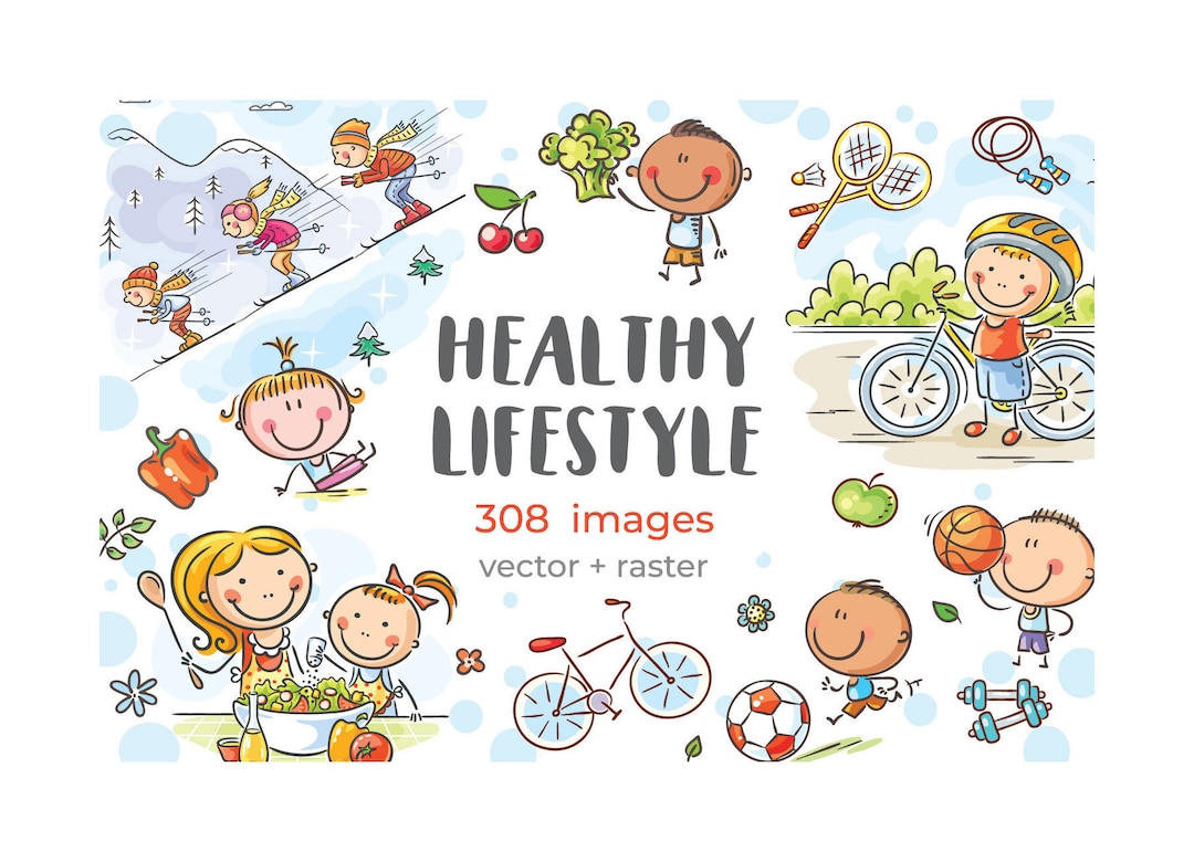 Healthy Lifestyle Clipart. Cartoon Kids and Families Doing Sports and ...