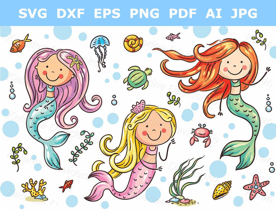 Cartoon Mermaid Clipart for Kids. Printable Stickers Mermaid and Sea ...