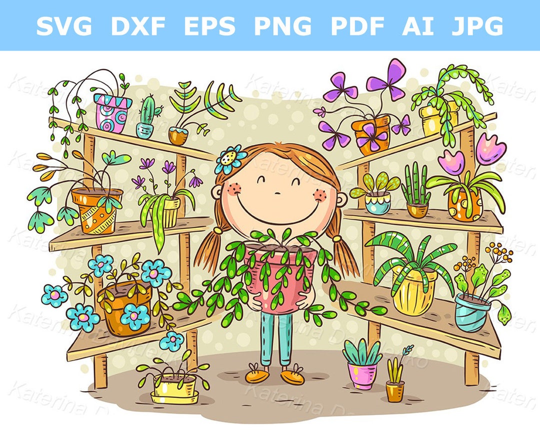 Cartoon Drawing Flower Shop Image - Girl in the Greenhouse With Her ...