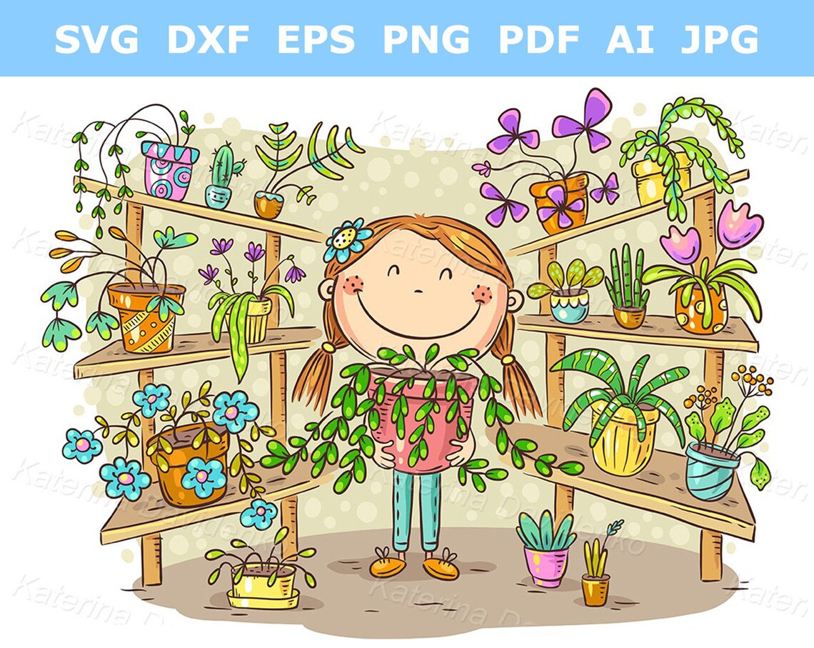 Cartoon Drawing Flower Shop Image Girl in the Greenhouse - Etsy