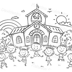 Happy Cartoon Children Playing in Front of School Building, Back to ...