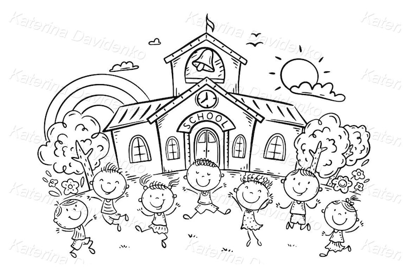 Happy Cartoon Children Playing in Front of School Building - Etsy