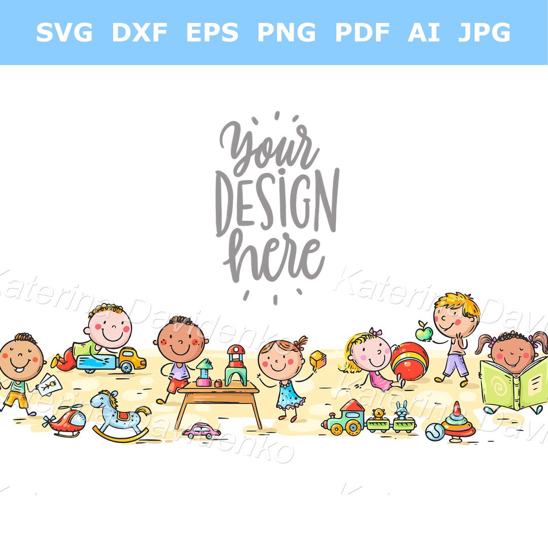 Cartoon Little Children Playing With Toys Together. Kindergarten Kids ...