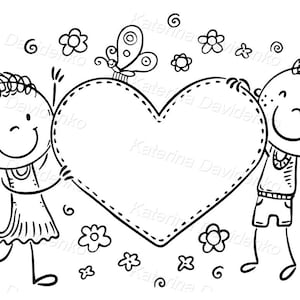 Valentine's Day Clipart - Doodle Cartoon Kids Holding Heart With a ...