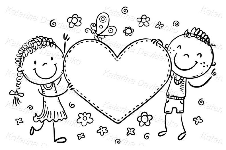 Valentine's Day Clipart Doodle Cartoon Kids Holding - Etsy