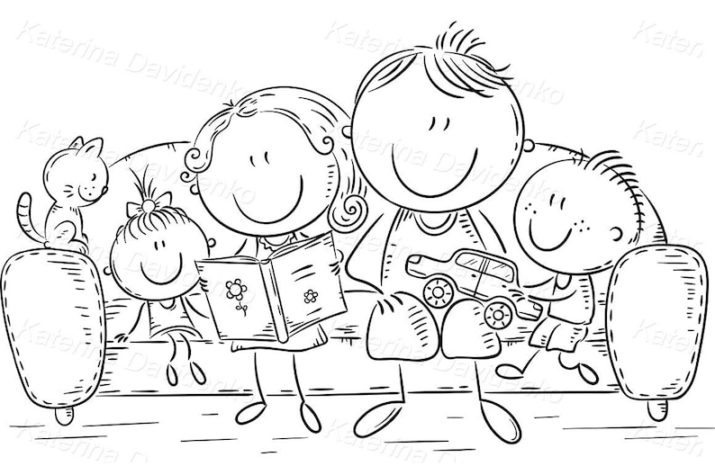 Cartoon Happy Family Clipart Doodle Family With Two Children - Etsy