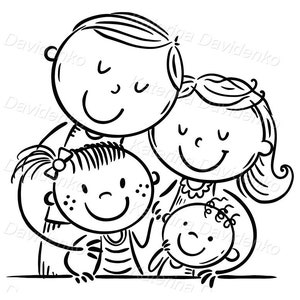Cartoon Doodle Parents Hugging Kids, Mother and Father Embrace Their ...