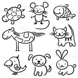 Set of Sketchy Cartoon Pets Clipart Vector Illustration. Animals Image ...