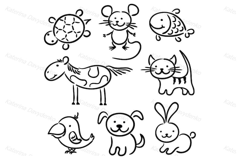 Set of Sketchy Cartoon Pets Clipart Vector Illustration. - Etsy