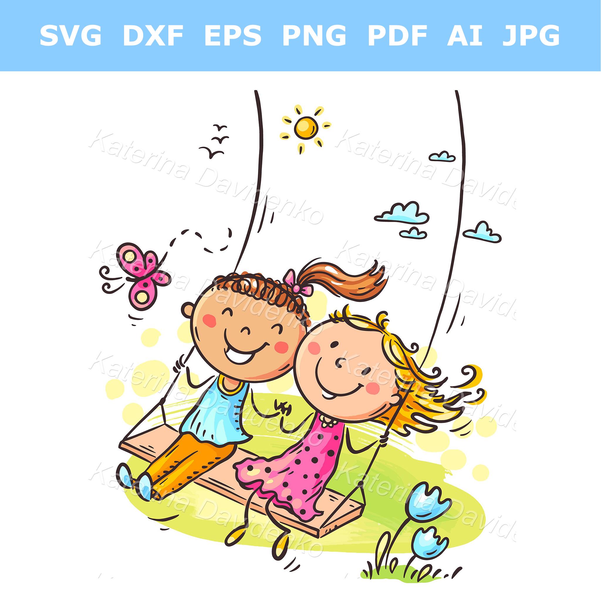 Cute Kids Clipart. Happy Cartoon Kids on a Swing. Two Girls Swinging ...