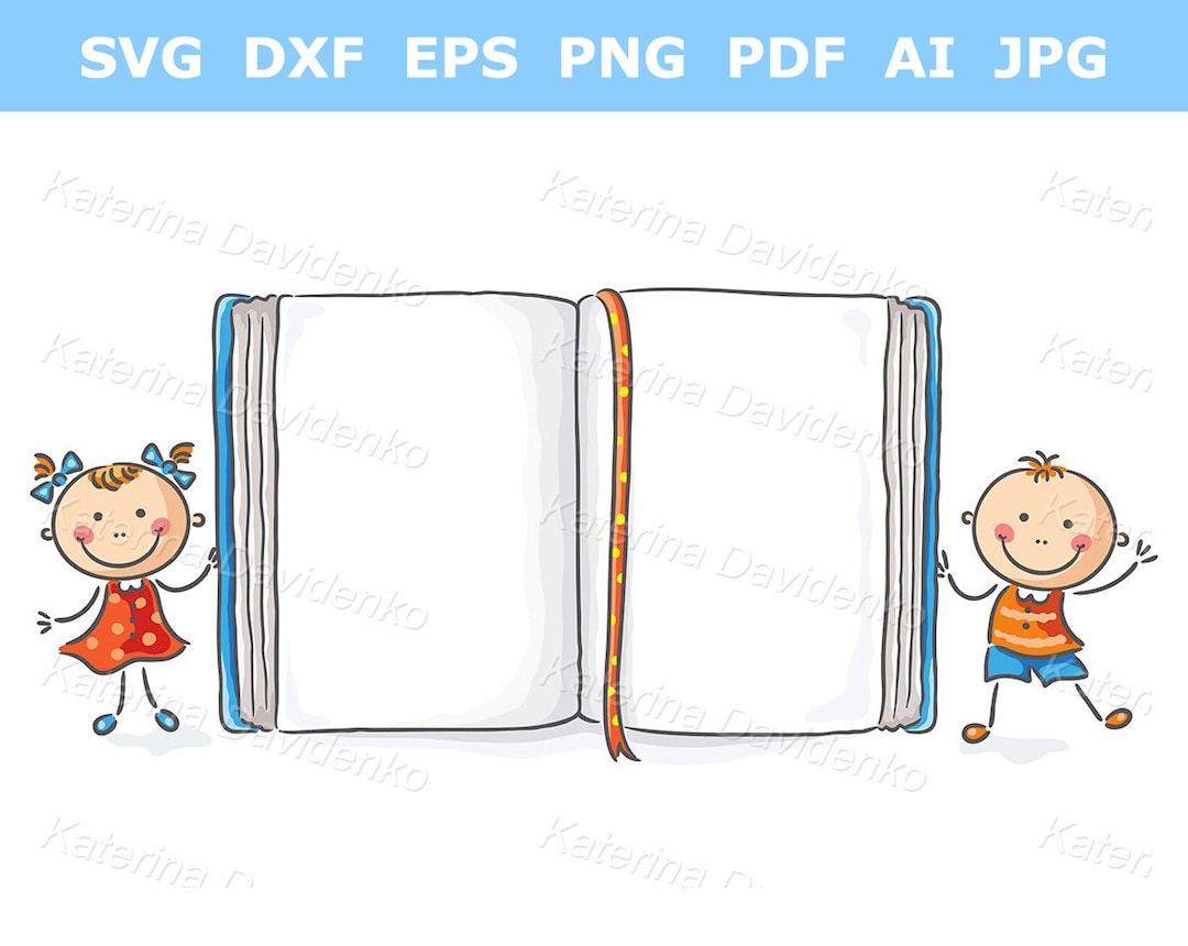 Cartoon Little Kids With a Big Book With Copy Space. Children With Open ...