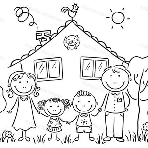 Doodle Family With Two Children Near Their House. Cute Cartoon Family ...