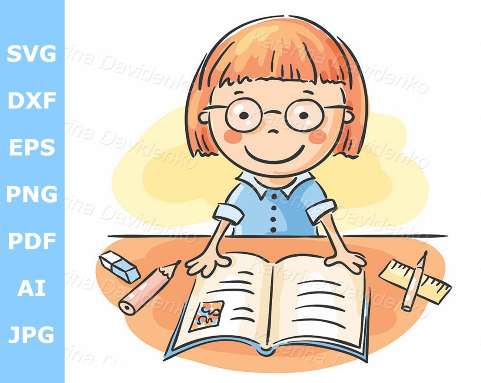 Cartoon Little Girl Reading a Book at the Table. Digital Download Hand ...