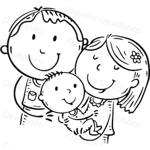 Happy Family With Newborn Clipart. Cartoon Parents Hugging Baby. Doodle ...