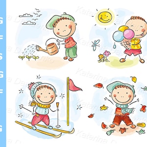 Season Weather Clipart Set. Cartoon Doodle Boy Activities During the ...