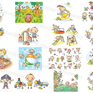 Cartoon Kids Playing Bundle, Children Clipart, Kids Outdoors Activities ...