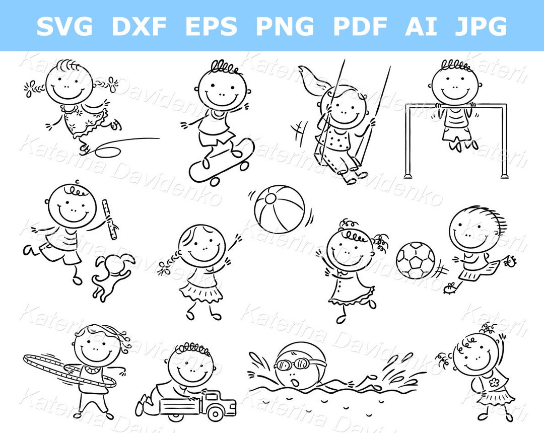Cartoon Kids Outdoor Activities - Black and White Clipart - Children ...