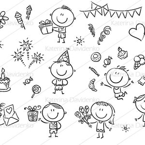 Happy Cartoon Kids Birthday Party Clipart Set. Children Vector ...