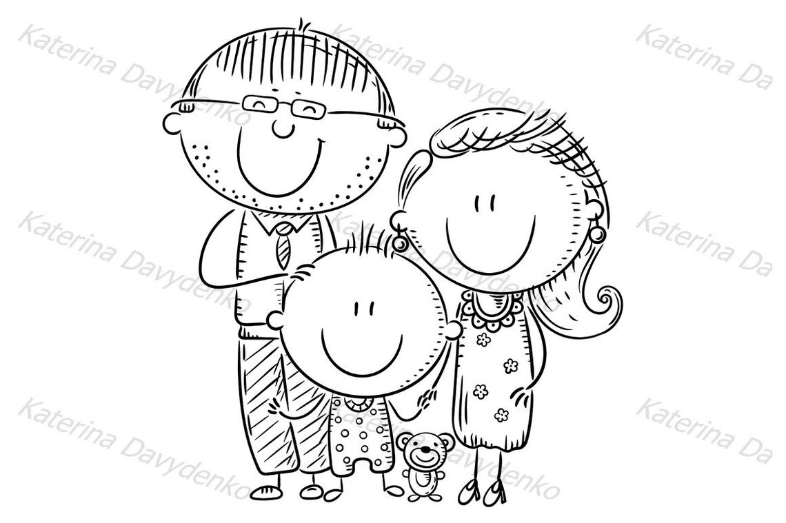 Doodle Cartoon Family Clipart. Parents With Child Standing Together ...