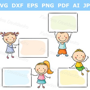Blank Sign Clipart Set. Doodle Kids With Blank Signs. Happy Cartoon ...