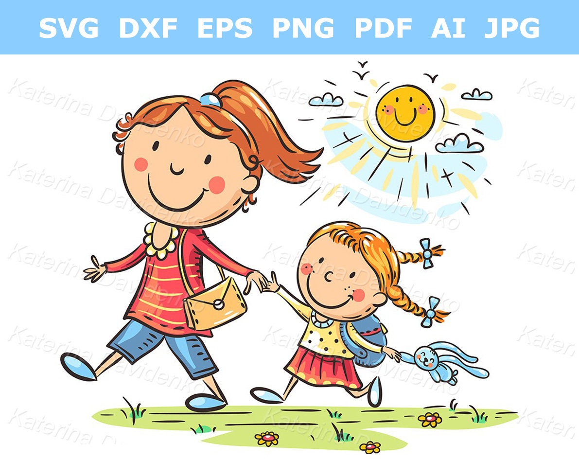 Cute Cartoon Family Clipart. Happy Mother and Daughter on the Way to ...