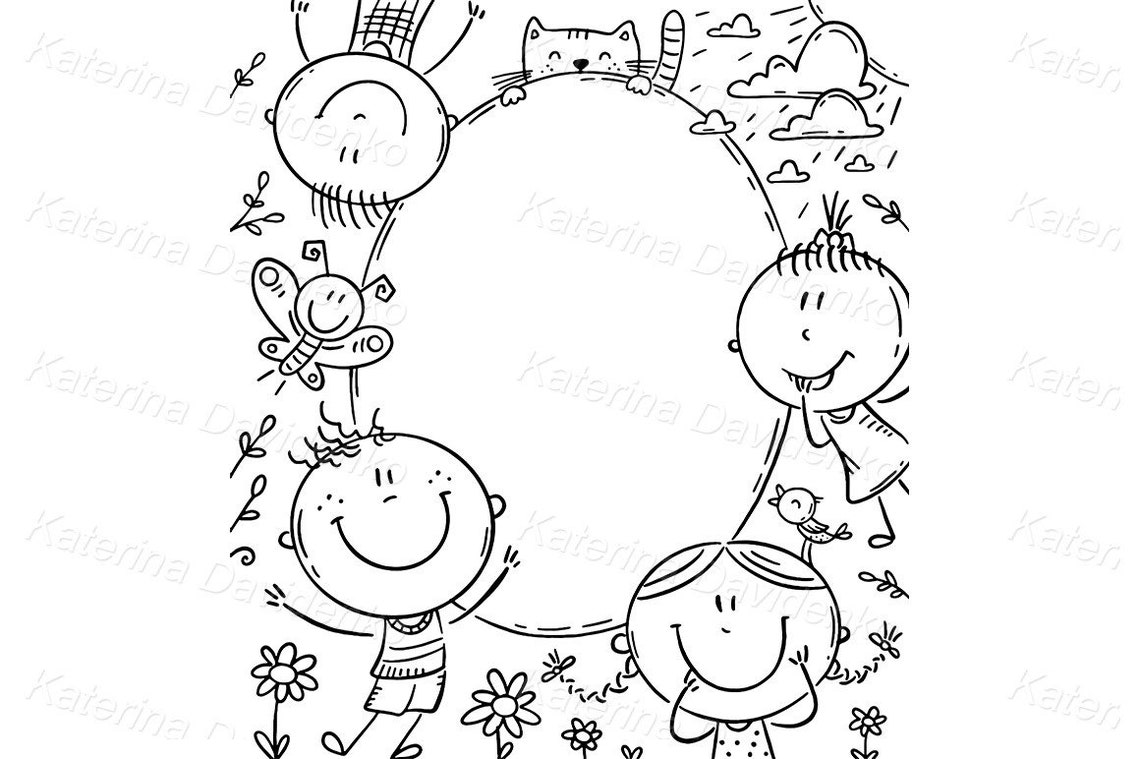 Cartoon Children Clipart Oval Frame With Happy Doodle Kids - Etsy