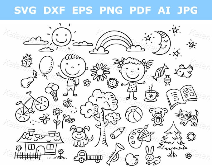 Kids Design Elements Clipart Outline Vector Kid Svg Pdf Png - Etsy
