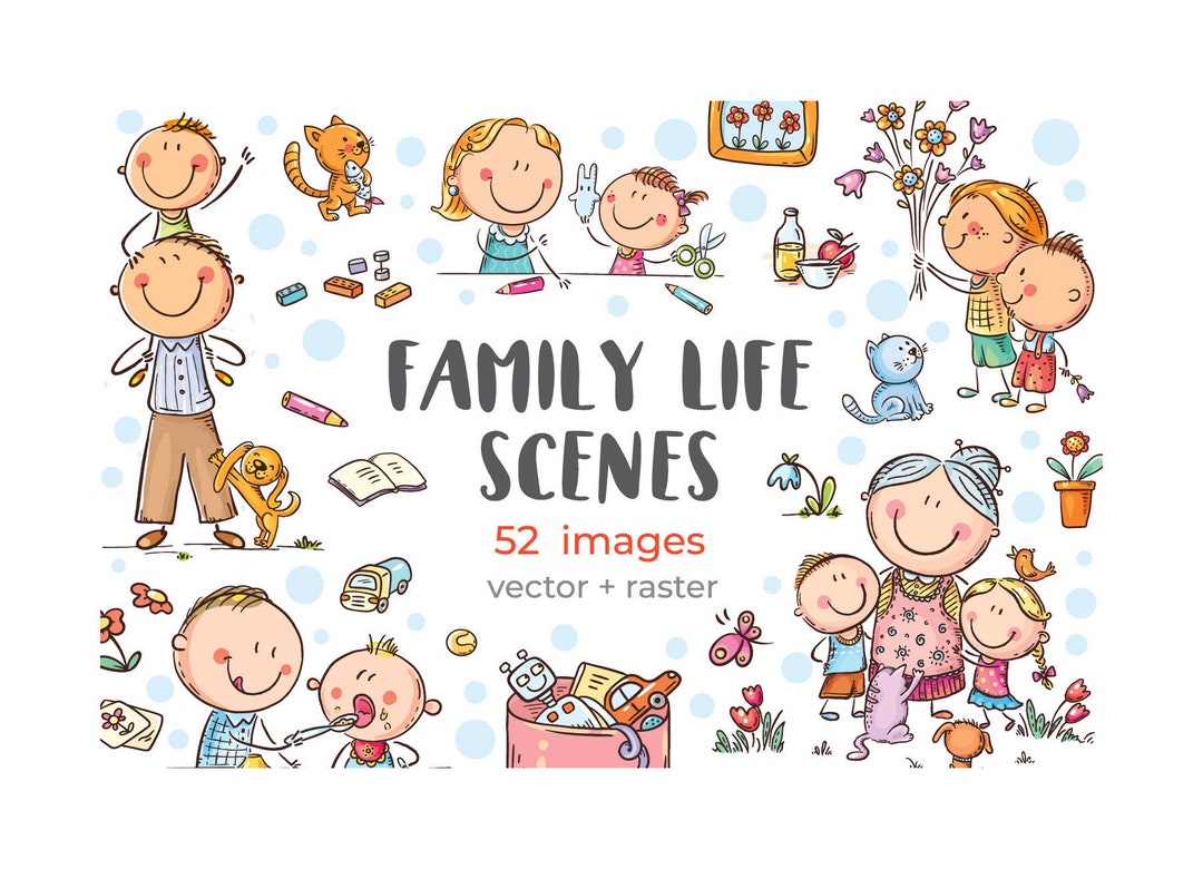 Cartoon Doodle Family Clip Art Bundle Family Life Scenes Illustration ...