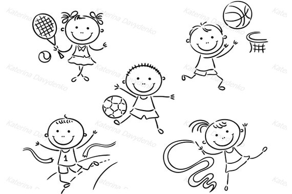 Kids Playing Sports Clipart Black And White