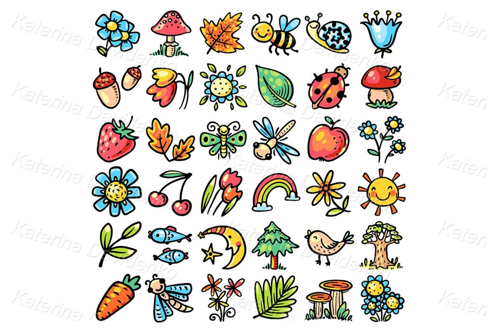 Nature Vector Clipart Set. Cute Spring Flowers, Bugs, Leaves and Forest ...